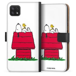 DeinDesign Galaxy A22 5G Handy Klapph&uuml;lle Handyh&uuml;lle aus Kunst Leder schwarz Flip Case Snoopy Official Licensed Product Peanuts Sideflip mit langer Lasche