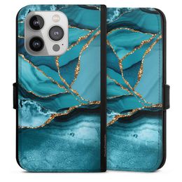DeinDesign iPhone 14 Pro Handy Klapph&uuml;lle Handyh&uuml;lle aus Kunst Leder schwarz Flip Case Marble Gemstone Glitzer Sideflip mit langer Lasche