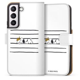 DeinDesign Galaxy S22 Handy Klapph&uuml;lle Handyh&uuml;lle aus Kunst Leder wei&szlig; Flip Case Snoopy Dog Peanuts Sideflip mit Lasche