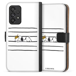DeinDesign Galaxy A53 5G Handy Klapph&uuml;lle Handyh&uuml;lle aus Kunst Leder schwarz Flip Case Snoopy Dog Peanuts Sideflip mit langer Lasche