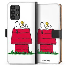 DeinDesign Galaxy A13 4G Handy Klapph&uuml;lle Handyh&uuml;lle aus Kunst Leder schwarz Flip Case Snoopy Peanuts Official Licensed Product Sideflip mit langer Lasche