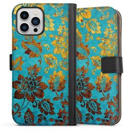 DeinDesign iPhone 13 Pro Max Handy Klapph&uuml;lle Handyh&uuml;lle aus Kunst Leder schwarz Flip Case Flowers Vintage Ornament Sideflip mit langer Lasche