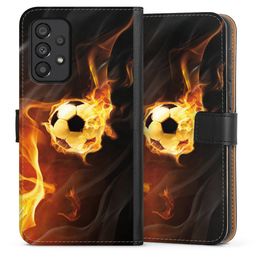 DeinDesign Galaxy A33 5G Handy Klapph&uuml;lle Handyh&uuml;lle aus Kunst Leder schwarz Flip Case Ball Fire Soccer Sideflip mit langer Lasche