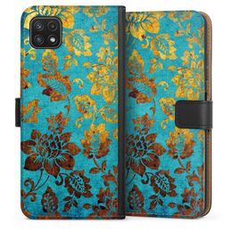 DeinDesign Galaxy A22 5G Handy Klapph&uuml;lle Handyh&uuml;lle aus Kunst Leder schwarz Flip Case Flowers Vintage Ornament Sideflip mit langer Lasche