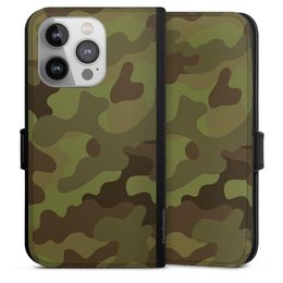DeinDesign iPhone 14 Pro Handy Klapph&uuml;lle Handyh&uuml;lle aus Kunst Leder schwarz Flip Case Camouflage Tarnmuster Army Sideflip mit langer Lasche