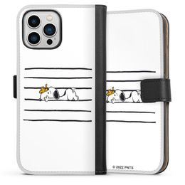 DeinDesign iPhone 13 Pro Max Handy Klapph&uuml;lle Handyh&uuml;lle aus Kunst Leder schwarz Flip Case Snoopy Dog Peanuts Sideflip mit langer Lasche