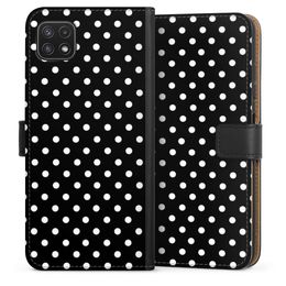 DeinDesign Galaxy A22 5G Handy Klapph&uuml;lle Handyh&uuml;lle aus Kunst Leder schwarz Flip Case Points Retro Polka Dots Sideflip mit langer Lasche