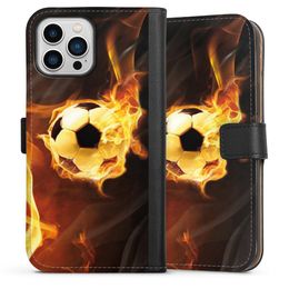 DeinDesign iPhone 13 Pro Max Handy Klapph&uuml;lle Handyh&uuml;lle aus Kunst Leder schwarz Flip Case Soccer Ball Fire Sideflip mit langer Lasche
