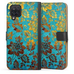 DeinDesign Galaxy A12 Handy Klapph&uuml;lle Handyh&uuml;lle aus Kunst Leder schwarz Flip Case Flowers Ornament Vintage Sideflip mit langer Lasche