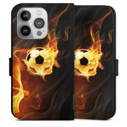 DeinDesign iPhone 14 Pro Handy Klapph&uuml;lle Handyh&uuml;lle aus Kunst Leder schwarz Flip Case Soccer Ball Fire Sideflip mit langer Lasche