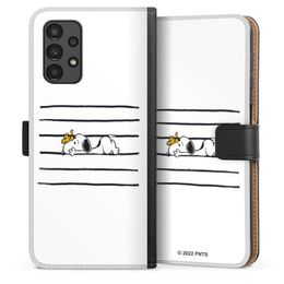 DeinDesign Galaxy A13 4G Handy Klapph&uuml;lle Handyh&uuml;lle aus Kunst Leder schwarz Flip Case Snoopy Dog Peanuts Sideflip mit langer Lasche