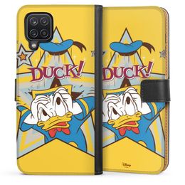 DeinDesign Galaxy A12 Handy Klapph&uuml;lle Handyh&uuml;lle aus Kunst Leder schwarz Flip Case Disney Official Licensed Product Donald Duck Sideflip mit langer Lasche