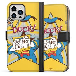 DeinDesign iPhone 13 Pro Max Handy Klapph&uuml;lle Handyh&uuml;lle aus Kunst Leder schwarz Flip Case Donald Duck Disney Official Licensed Product Sideflip mit langer 