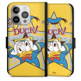DeinDesign iPhone 14 Pro Handy Klapph&uuml;lle Handyh&uuml;lle aus Kunst Leder schwarz Flip Case Donald Duck Disney Official Licensed Product Sideflip mit langer Lasche
