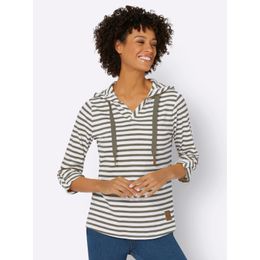 WITT Damen Ringelshirt mit Tunnelzug in der Kapuze, khaki-ecru-geringelt, Größe 40