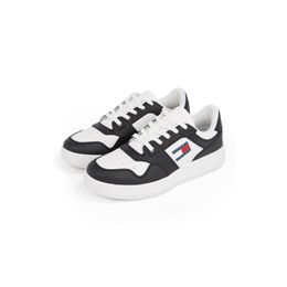 Plateausneaker Tommy Jeans "TJW RETRO BASKET ESS", Damen, Gr. 40, schwarz-weiß (schwarz, weiß), Leder, Textil, Schuhe, Freizeitschuh, Halbschuh, Schnürschuh mit seitlicher Logoflagge