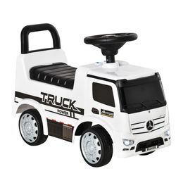 HOMCOM Rutscherfahrzeug Rutscherauto Babyrutscher Kinderfahrzeug lizenziert von Mercedes ANTOS-LKW-Stil mit Licht für Kinder von 12 bis 36 Monaten Metall PP-Kunststoff Weiß+Schwarz 62,5x28,5x45cm