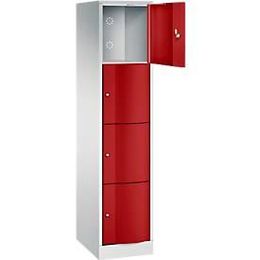 C+P Schließfachschrank Resisto, 1 Abteil, 4 Fächer, B 396 x T 540 x H 1950 mm, Lichtgrau/Rubinrot