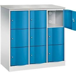 C+P Schließfachschrank Resisto, 3 Abteile, 9 Fächer, B 1148 x T 540 x H 1255 mm, Lichtgrau/Lichtblau