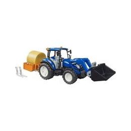 Bruder New Holland T5.120 mit Frontlader, Ladekasten, Gabeln und Rundballen, Modellfahrzeug
