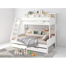Lüttenhütt Etagenbett LÜTTENHÜTT, B:146cm H:186,5cm L:204cmweiß, weiß, weiß, Kinderzimmer, Etagenbetten, "Jaime II, Stockbett, viel Stauraum, mit Regalen,