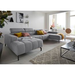 Wohnlandschaft DOMO collection "Cunelli tolle Sitznähte als Designelement, fester Sitzkomfort, U-Form", grau, B:376cm H:79cm T:175cm, Sofas, wahlweise mit Kopfteilverstellung, bodenfrei