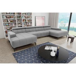 Wohnlandschaft DOMO collection "Cunelli tolle Sitznähte als Designelement, fester Sitzkomfort, U-Form", grau (hellgrau), B:376cm H:79cm T:175cm, Sofas, wahlweise mit Kopfteilverstellung, bodenfrei