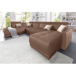 Wohnlandschaft DOMO collection "Ava moderne Sitzheftung mit toller Doppelnaht, komfortabel, U-Form", braun (espresso), B:351cm H:84cm T:222cm, Zierkissen: Microfaser PRIMABELLE (100% Polyester);Struktur (100% Polyester);Microfaser PRIMABELLE (100% Polyester);Kunstleder SOFTLUX;Struktur fein (100% Polyester), Sofas, Wohnlandschaft, mit Federkern, wahlweise mit Kopfteilverstellungen