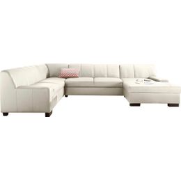 Wohnlandschaft DOMO collection "Norma Top, elegant und modern, flache Armlehnen, komfortabel, U-Form", beige (porzellan), B:328cm H:77cm T:90cm, Kunstleder SOFTLUX;Struktur (90% Polyester, 10% Polyacryl);NaturLEDER (handschuhweiches Rindsleder) im Sitz und Rücken - Korpus in farblich passendem Kunstleder SOFTLUX, Sofas, wahlweise mit Bettfunktion, mit viel Platz