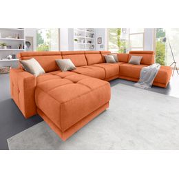 Wohnlandschaft DOMO collection "Ava moderne Sitzheftung mit toller Doppelnaht, komfortabel, U-Form", orange (terrakotta), B:351cm H:84cm T:222cm, Zierkissen: Microfaser PRIMABELLE (100% Polyester);Struktur (100% Polyester);Microfaser PRIMABELLE (100% Polyester);Kunstleder SOFTLUX;Struktur fein (100% Polyester), Sofas, Wohnlandschaft, mit Federkern, wahlweise mit Kopfteilverstellungen