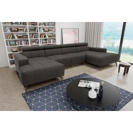 Wohnlandschaft DOMO collection "Cunelli tolle Sitznähte als Designelement, fester Sitzkomfort, U-Form", grau, B:376cm H:79cm T:175cm, Lederlook;100% Polyurethan, Sofas, wahlweise mit Kopfteilverstellung, bodenfrei