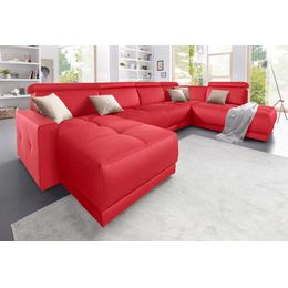 Wohnlandschaft DOMO collection "Ava moderne Sitzheftung mit toller Doppelnaht, komfortabel, U-Form", rot, B:351cm H:84cm T:222cm, Zierkissen: Microfaser PRIMABELLE (100% Polyester);Struktur (100% Polyester);Microfaser PRIMABELLE (100% Polyester);Kunstleder SOFTLUX;Struktur fein (100% Polyester), Sofas, Wohnlandschaft, mit Federkern, wahlweise mit Kopfteilverstellungen