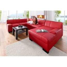 Wohnlandschaft DOMO collection "Norma Top, elegant und modern, flache Armlehnen, komfortabel, U-Form", rot, B:328cm H:77cm T:90cm, Kunstleder SOFTLUX;Struktur (90% Polyester, 10% Polyacryl);NaturLEDER (handschuhweiches Rindsleder) im Sitz und Rücken - Korpus in farblich passendem Kunstleder SOFTLUX, Sofas, wahlweise mit Bettfunktion, mit viel Platz