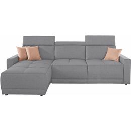 Ecksofa DOMO collection "Ava mit moderner Sitzheftung & toller Doppelnaht, komfortabel, L-Form", grau, B:262cm H:84cm T:167cm, Kunstleder SOFTLUX;Struktur fein (100% Polyester);Zierkissen: Microfaser PRIMABELLE (100% Polyester);Struktur (100% Polyester);Microfaser PRIMABELLE (100% Polyester), Sofas, Ecksofa, mit Recamiere, inkl. Federkern, wahlweise mit Kopfteilverstellungen