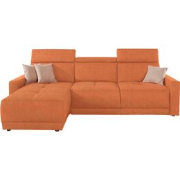 Ecksofa DOMO collection "Ava mit moderner Sitzheftung & toller Doppelnaht, komfortabel, L-Form", orange (terrakotta), B:262cm H:84cm T:167cm, Kunstleder SOFTLUX;Struktur fein (100% Polyester);Zierkissen: Microfaser PRIMABELLE (100% Polyester);Struktur (100% Polyester);Microfaser PRIMABELLE (100% Polyester), Sofas, Ecksofa, mit Recamiere, inkl. Federkern, wahlweise mit Kopfteilverstellungen