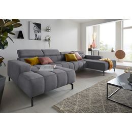 Wohnlandschaft DOMO collection "Cunelli tolle Sitznähte als Designelement, fester Sitzkomfort, U-Form", grau, B:376cm H:79cm T:175cm, Sofas, wahlweise mit Kopfteilverstellung, bodenfrei