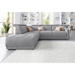 Ecksofa DOMO collection "Ava, moderne Sitzheftung mit toller Doppelnaht, komfortabel, L-Form", grau, B:266cm H:84cm T:99cm, Kunstleder SOFTLUX;Struktur fein (100% Polyester);Zierkissen: Microfaser PRIMABELLE (100% Polyester);Struktur (100% Polyester);Microfaser PRIMABELLE (100% Polyester), Sofas, Ecksofa, mit Ottomane, inkl. Federkern, wahlweise mit Kopfteilverstellungen