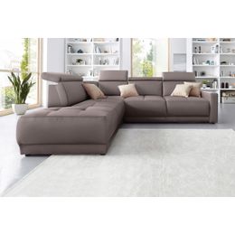 Ecksofa DOMO collection "Ava, moderne Sitzheftung mit toller Doppelnaht, komfortabel, L-Form", braun (schlamm), B:266cm H:84cm T:99cm, Kunstleder SOFTLUX;Struktur fein (100% Polyester);Zierkissen: Microfaser PRIMABELLE (100% Polyester);Struktur (100% Polyester);Microfaser PRIMABELLE (100% Polyester), Sofas, Ecksofa, mit Ottomane, inkl. Federkern, wahlweise mit Kopfteilverstellungen