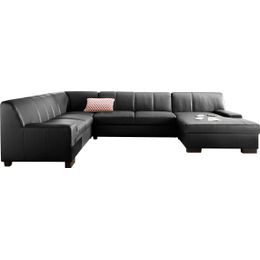 Wohnlandschaft DOMO collection "Norma Top, elegant und modern, flache Armlehnen, komfortabel, U-Form", schwarz, B:328cm H:77cm T:90cm, Kunstleder SOFTLUX;Struktur (90% Polyester, 10% Polyacryl);NaturLEDER (handschuhweiches Rindsleder) im Sitz und Rücken - Korpus in farblich passendem Kunstleder SOFTLUX, Sofas, wahlweise mit Bettfunktion, mit viel Platz