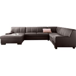 Wohnlandschaft DOMO collection "Norma Top, elegant und modern, flache Armlehnen, komfortabel, U-Form", braun, B:328cm H:77cm T:90cm, Kunstleder SOFTLUX;Struktur (90% Polyester, 10% Polyacryl);NaturLEDER (handschuhweiches Rindsleder) im Sitz und Rücken - Korpus in farblich passendem Kunstleder SOFTLUX, Sofas, wahlweise mit Bettfunktion, mit viel Platz