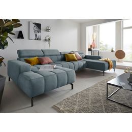 Wohnlandschaft DOMO collection "Cunelli tolle Sitznähte als Designelement, fester Sitzkomfort, U-Form", blau (eisblau), B:376cm H:79cm T:175cm, Sofas, wahlweise mit Kopfteilverstellung, bodenfrei
