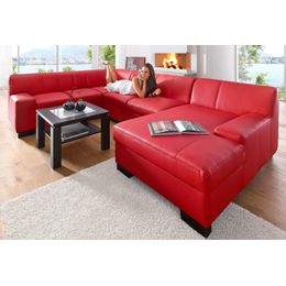 Wohnlandschaft DOMO collection "Norma Top, elegant und modern, flache Armlehnen, komfortabel, U-Form", rot, B:328cm H:77cm T:90cm, Kunstleder SOFTLUX;Struktur (90% Polyester, 10% Polyacryl);NaturLEDER (handschuhweiches Rindsleder) im Sitz und Rücken - Korpus in farblich passendem Kunstleder SOFTLUX, Sofas, wahlweise mit Bettfunktion, mit viel Platz, Topseller