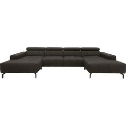 Wohnlandschaft DOMO collection "Cunelli tolle Sitznähte als Designelement, fester Sitzkomfort, U-Form", braun (dunkelbraun), B:376cm H:79cm T:175cm, Lederlook;100% Polyurethan, Sofas, wahlweise mit Kopfteilverstellung, bodenfrei