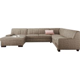 Wohnlandschaft DOMO collection "Norma Top, elegant und modern, flache Armlehnen, komfortabel, U-Form", beige, B:328cm H:77cm T:90cm, Kunstleder SOFTLUX;Struktur (90% Polyester, 10% Polyacryl);NaturLEDER (handschuhweiches Rindsleder) im Sitz und Rücken - Korpus in farblich passendem Kunstleder SOFTLUX, Sofas, wahlweise mit Bettfunktion, mit viel Platz