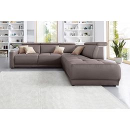 Ecksofa DOMO collection "Ava, moderne Sitzheftung mit toller Doppelnaht, komfortabel, L-Form", braun (schlamm), B:266cm H:84cm T:99cm, Kunstleder SOFTLUX;Struktur fein (100% Polyester);Zierkissen: Microfaser PRIMABELLE (100% Polyester);Struktur (100% Polyester);Microfaser PRIMABELLE (100% Polyester), Sofas, Ecksofa, mit Ottomane, inkl. Federkern, wahlweise mit Kopfteilverstellungen