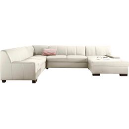 Wohnlandschaft DOMO collection "Norma Top, elegant und modern, flache Armlehnen, komfortabel, U-Form", beige (porzellan), B:328cm H:77cm T:90cm, Kunstleder SOFTLUX;Struktur (90% Polyester, 10% Polyacryl);NaturLEDER (handschuhweiches Rindsleder) im Sitz und Rücken - Korpus in farblich passendem Kunstleder SOFTLUX, Sofas, wahlweise mit Bettfunktion, mit viel Platz