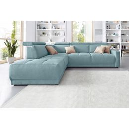 Ecksofa DOMO collection "Ava, moderne Sitzheftung mit toller Doppelnaht, komfortabel, L-Form", blau (aqua), B:266cm H:84cm T:99cm, Kunstleder SOFTLUX;Struktur fein (100% Polyester);Zierkissen: Microfaser PRIMABELLE (100% Polyester);Struktur (100% Polyester);Microfaser PRIMABELLE (100% Polyester), Sofas, Ecksofa, mit Ottomane, inkl. Federkern, wahlweise mit Kopfteilverstellungen