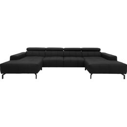 Wohnlandschaft DOMO collection "Cunelli tolle Sitznähte als Designelement, fester Sitzkomfort, U-Form", schwarz, B:376cm H:79cm T:175cm, Lederlook;100% Polyurethan, Sofas, wahlweise mit Kopfteilverstellung, bodenfrei
