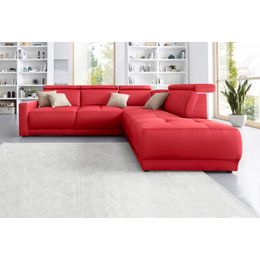 Ecksofa DOMO collection "Ava, moderne Sitzheftung mit toller Doppelnaht, komfortabel, L-Form", rot, B:266cm H:84cm T:99cm, Kunstleder SOFTLUX;Struktur fein (100% Polyester);Zierkissen: Microfaser PRIMABELLE (100% Polyester);Struktur (100% Polyester);Microfaser PRIMABELLE (100% Polyester), Sofas, Ecksofa, mit Ottomane, inkl. Federkern, wahlweise mit Kopfteilverstellungen