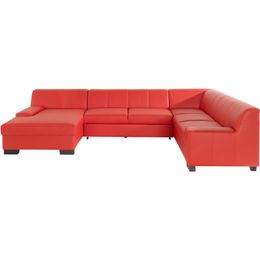 Wohnlandschaft DOMO collection "Norma Top, elegant und modern, flache Armlehnen, komfortabel, U-Form", rot, B:328cm H:77cm T:90cm, Kunstleder SOFTLUX;Struktur (90% Polyester, 10% Polyacryl);NaturLEDER (handschuhweiches Rindsleder) im Sitz und Rücken - Korpus in farblich passendem Kunstleder SOFTLUX, Sofas, wahlweise mit Bettfunktion, mit viel Platz